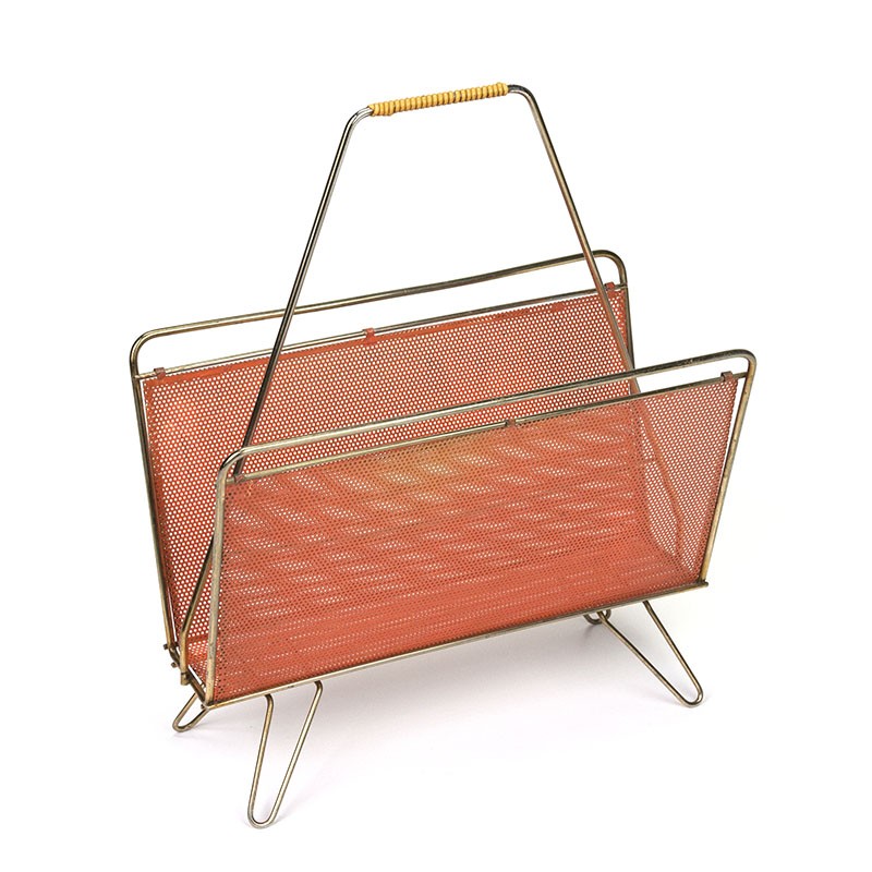Perforated vintage newspaper rack with brass frame - Retro